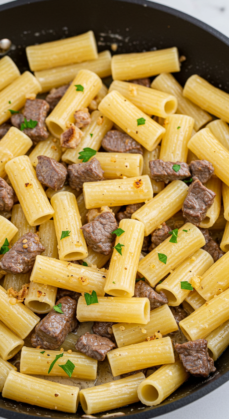Creamy Cheesy Garlic Butter Rigatoni with Savory Beef Recipe