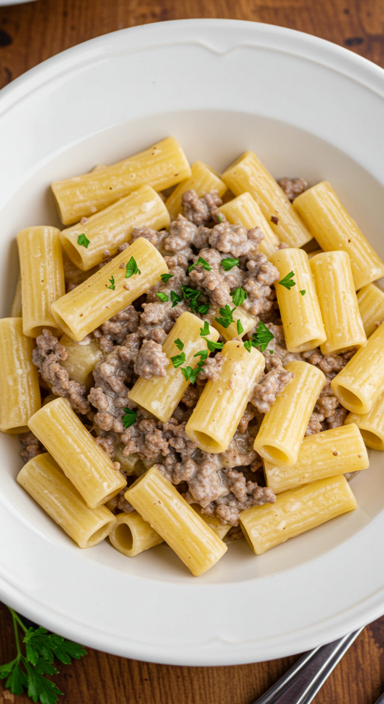 Creamy Cheesy Garlic Butter Rigatoni with Savory Beef