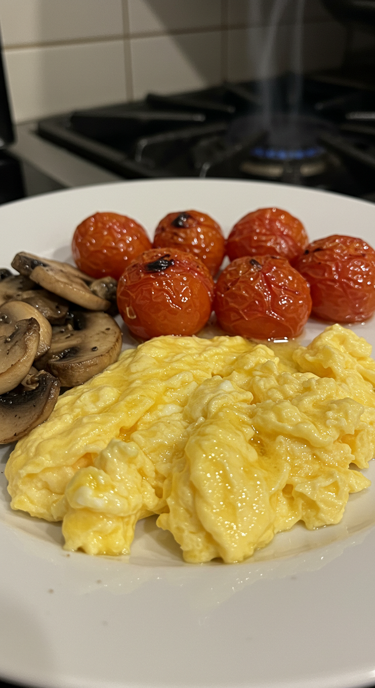 Savory Scrambled Egg Plate with Mushrooms and Roasted Tomato