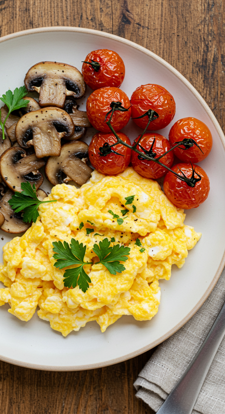 Savory Scrambled Egg Plate with Mushrooms and Roasted Tomato