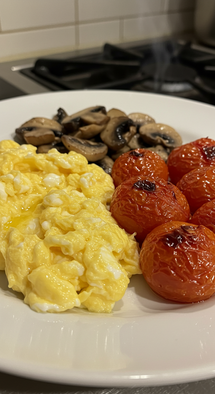 Savory Scrambled Egg Plate with Mushrooms and Roasted Tomato