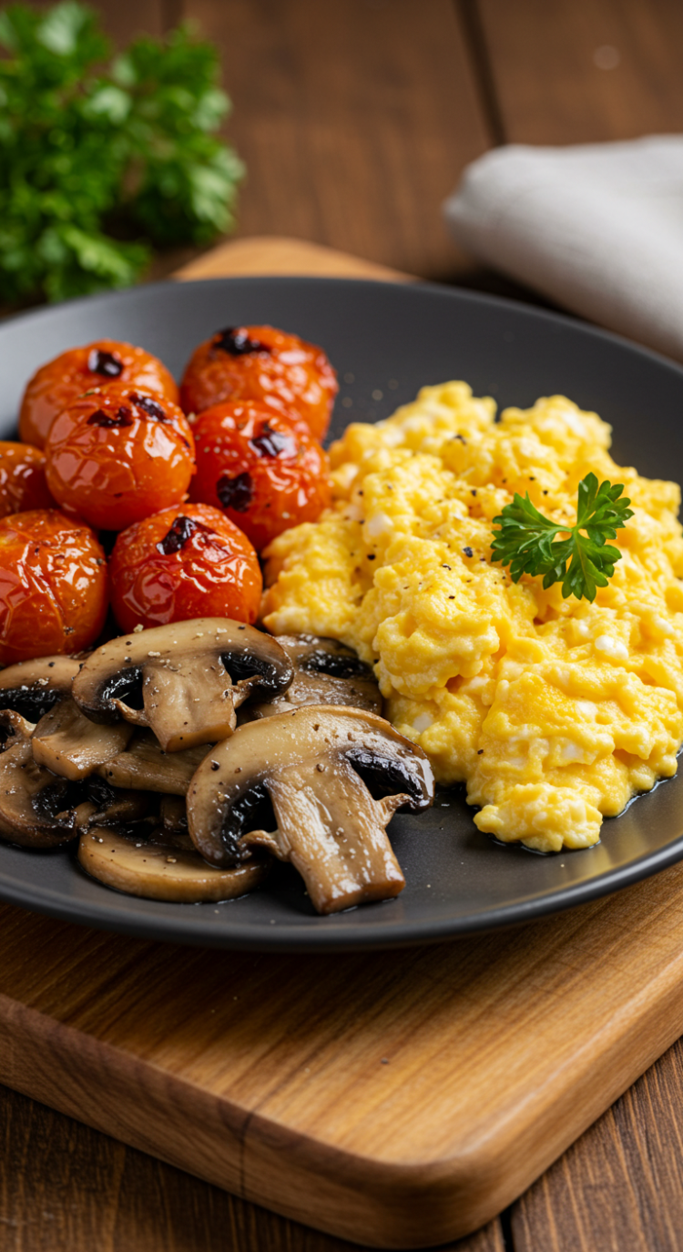 Savory Scrambled Egg Plate with Mushrooms and Roasted Tomato
