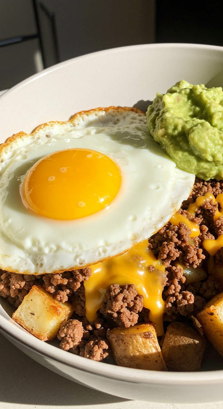 Beef Cheddar Egg & Guac Power Bowl
