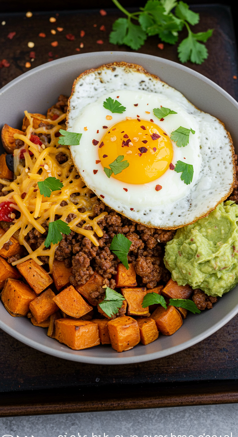 Beef Cheddar Egg & Guac Power Bowl