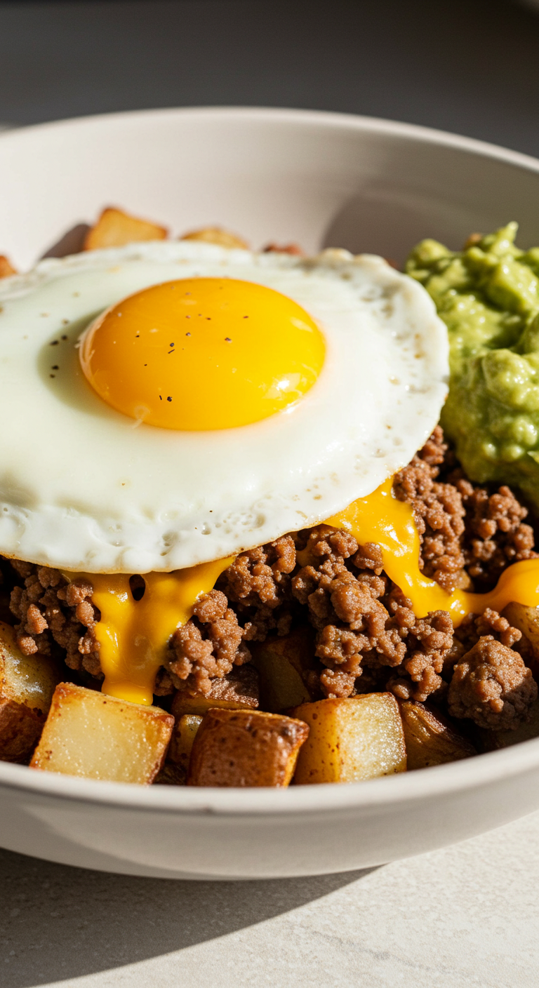 Beef Cheddar Egg & Guac Power Bowl