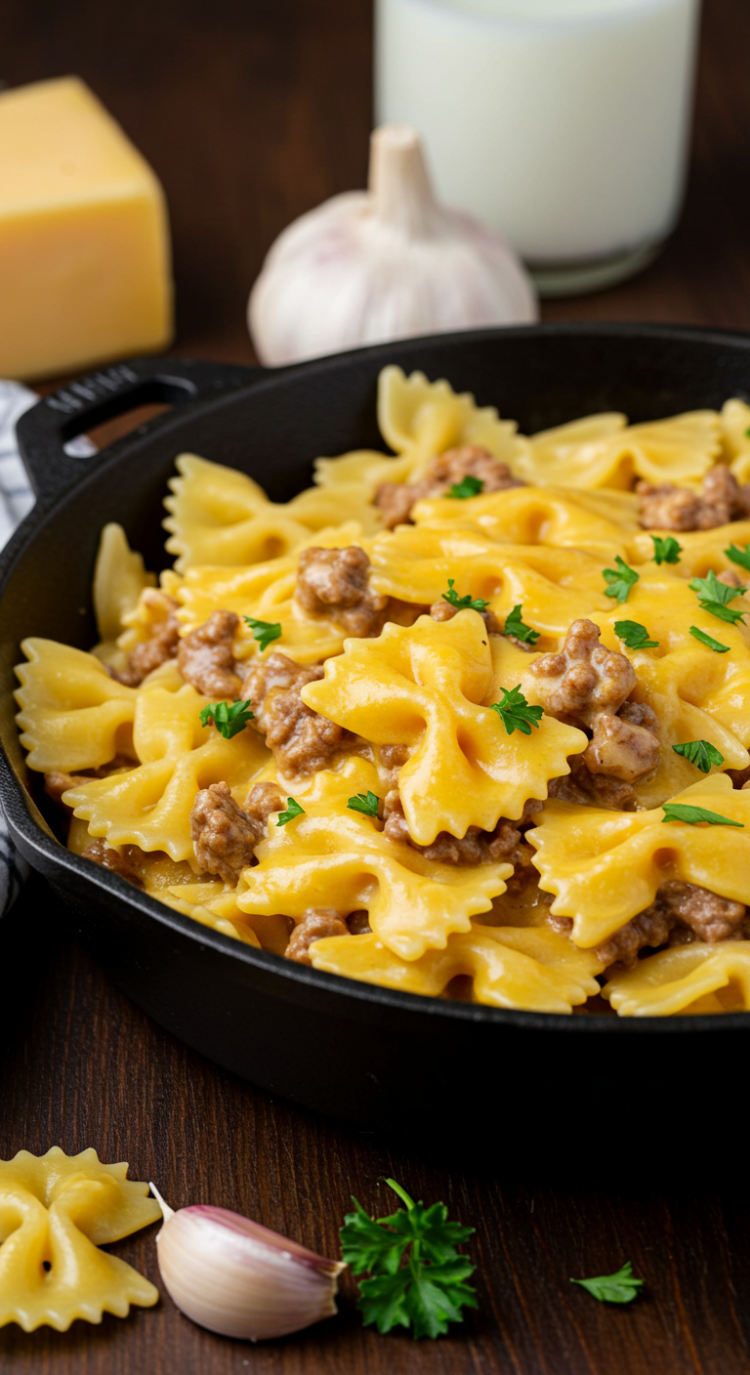 Bowtie Pasta with Creamy Velveeta Beef Sauce