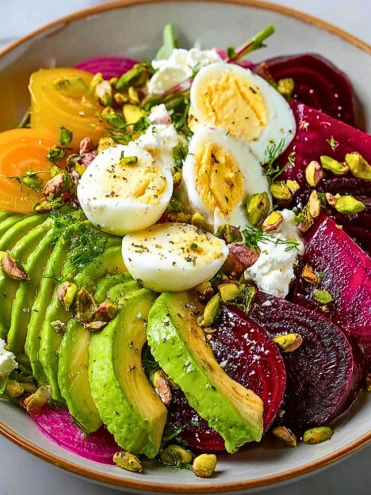 Elegant French Beet and Avocado Salad with Crème Fraîche and Pistachios