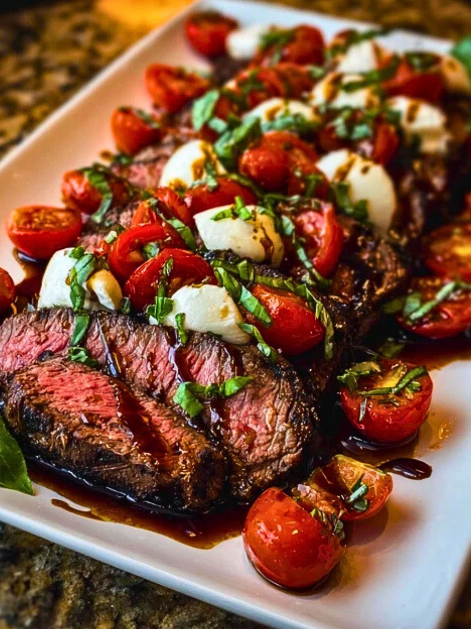 Grilled Balsamic Steak Caprese with Mozzarella, Tomatoes, and Basil