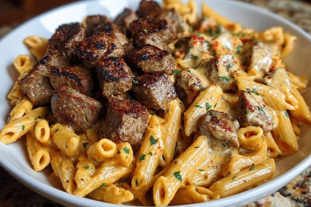 Cajun Steak Tips in Cheesy Penne Parmesan Sauce