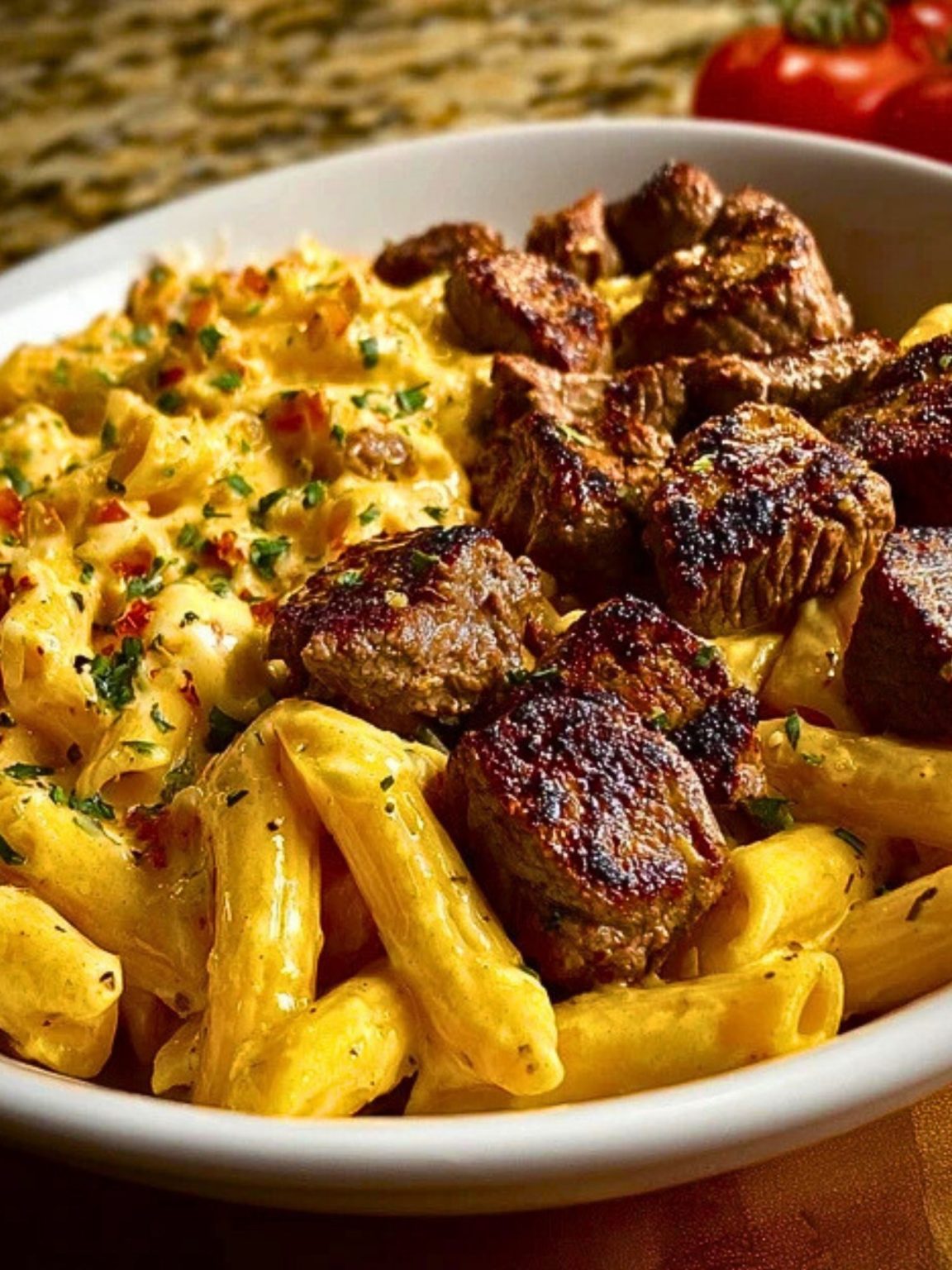 Cajun Steak Tips in Cheesy Penne Parmesan Sauce
