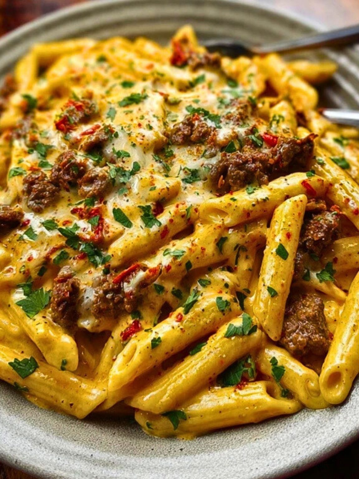Creamy Velveeta Penne Pasta with Cajun Beef Alfredo Sauce