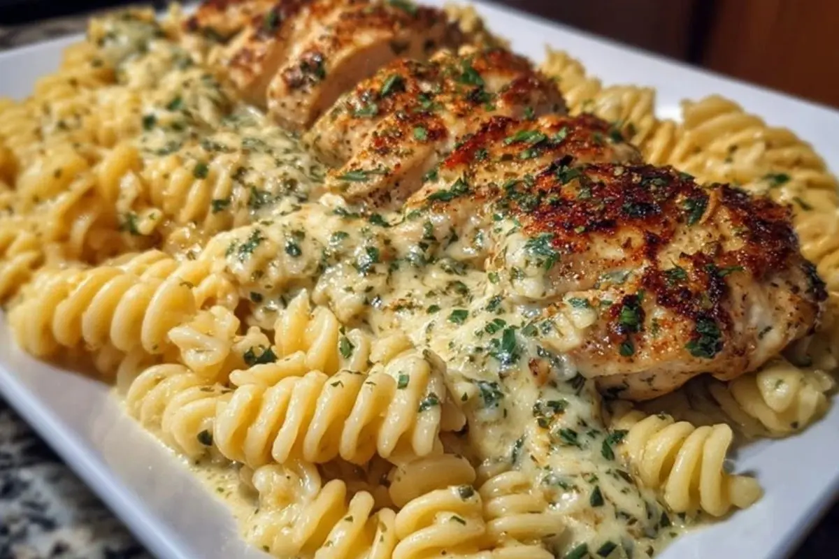 Cheesy Twisted Pasta with Creamy Garlic Parmesan Chicken