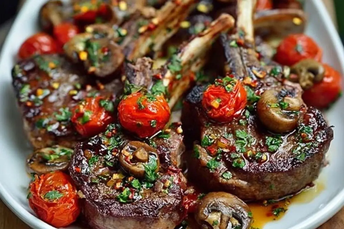 Marinated Greek Lamb Chops with Mushrooms and Tomatoes Recipe
