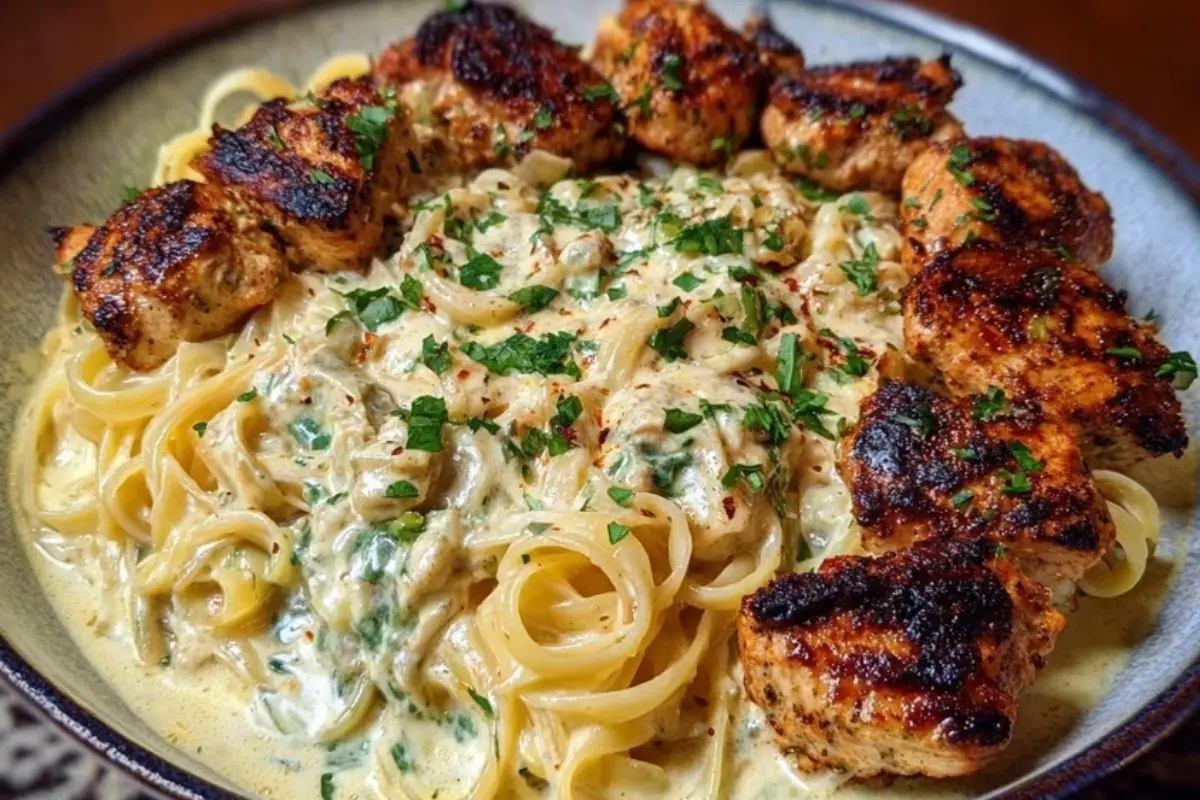 Spicy Cheesy Garlic Butter Chicken with Linguine in Four-Cheese Sauce